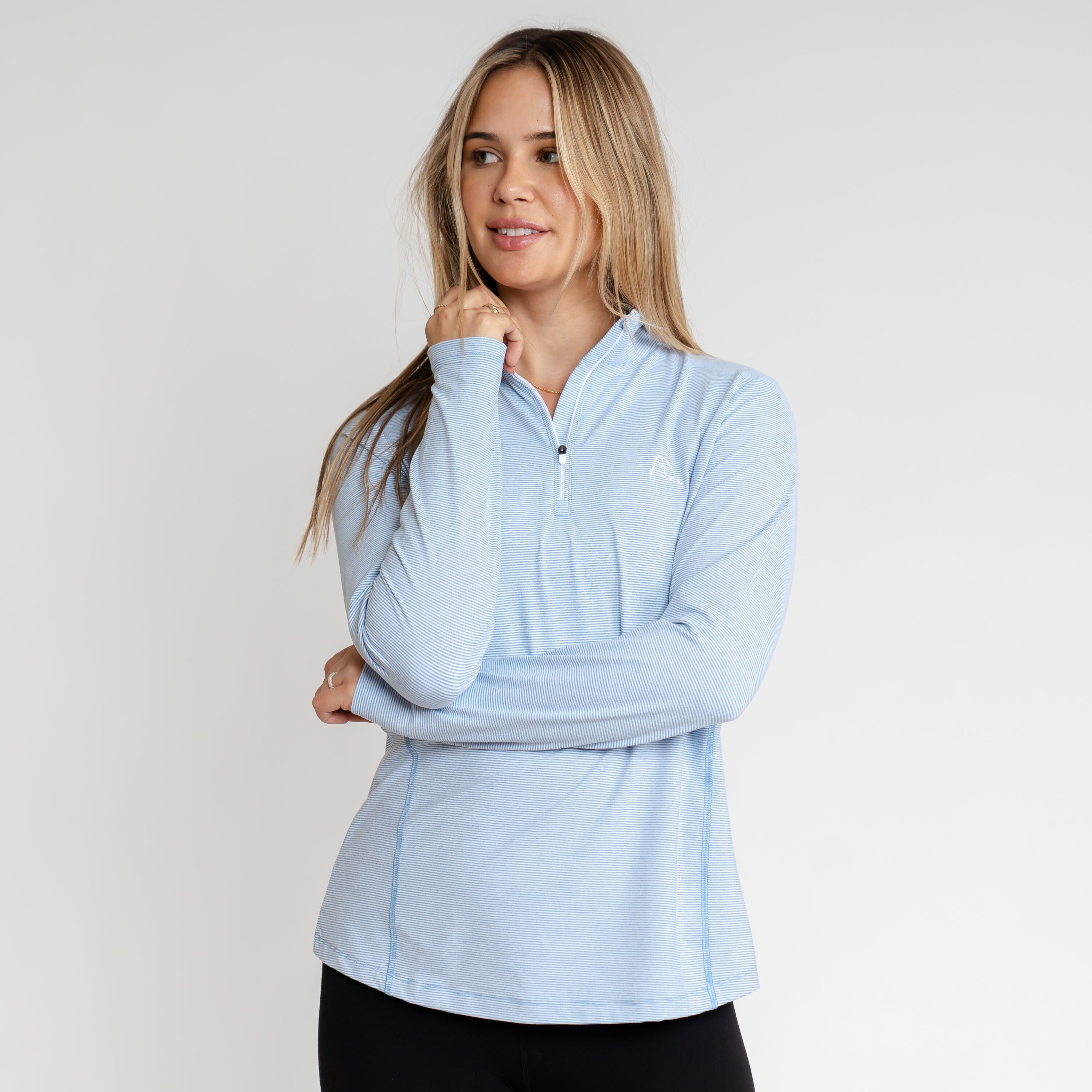 The Women's Riva Heather Stripe Performance Q-Zip - Beluga Blue ...